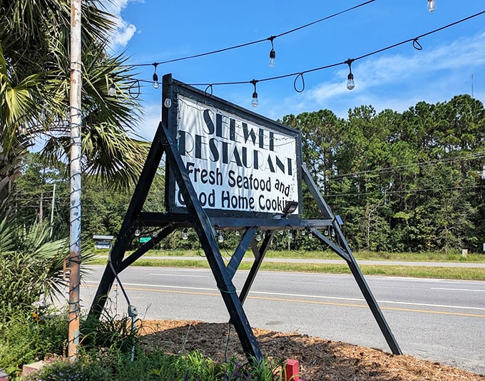 The roadside sign promises "Fresh Seafood and Good Home Cooking"—a straightforward pledge that's kept daily without fanfare or fuss.