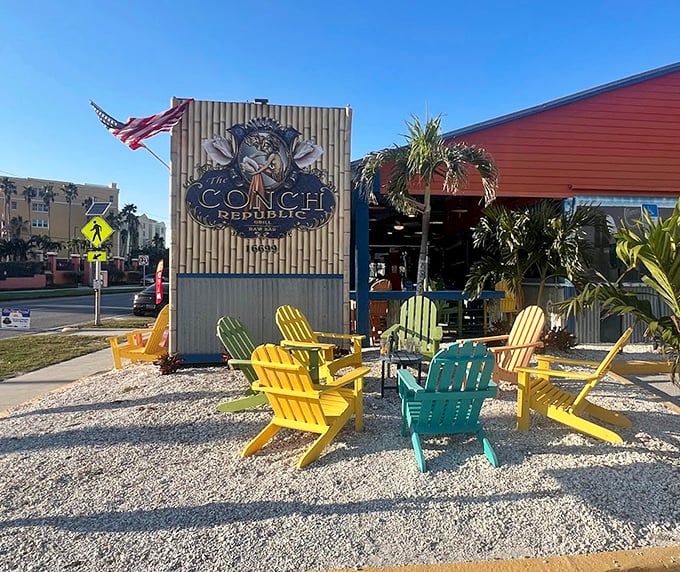 Adirondack chairs invite you to linger before or after your meal—the restaurant equivalent of a "come on in, the water's fine" welcome.