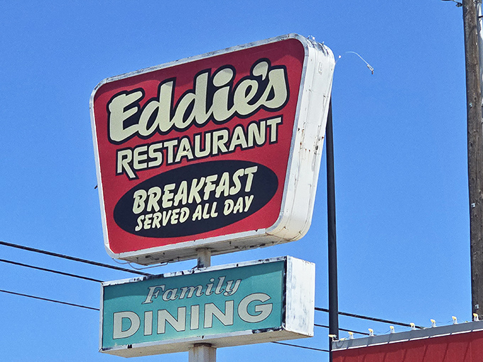 The vintage sign promises "Breakfast Served All Day" – five words that have launched a thousand detours and delighted countless hungry travelers.