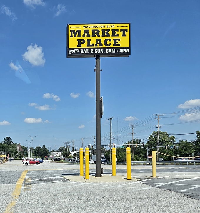 The marketplace's beacon stands tall against Maryland's blue sky. This sign has guided countless treasure seekers to bargain paradise.