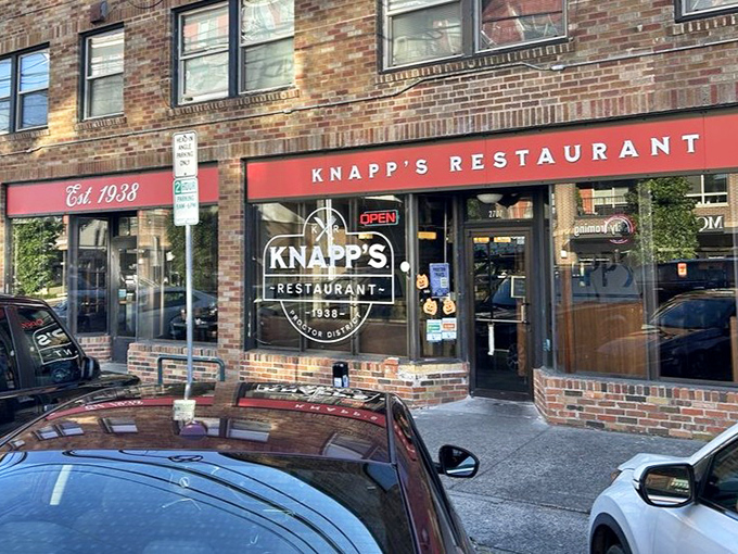 Knapp's street view announces itself with confidence—that red awning has been a Proctor District landmark through decades of Tacoma history.