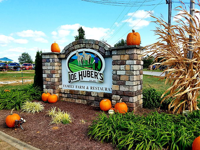 Fall at Joe Huber's isn't just a season—it's a celebration where pumpkins stand guard over the gateway to comfort food paradise.