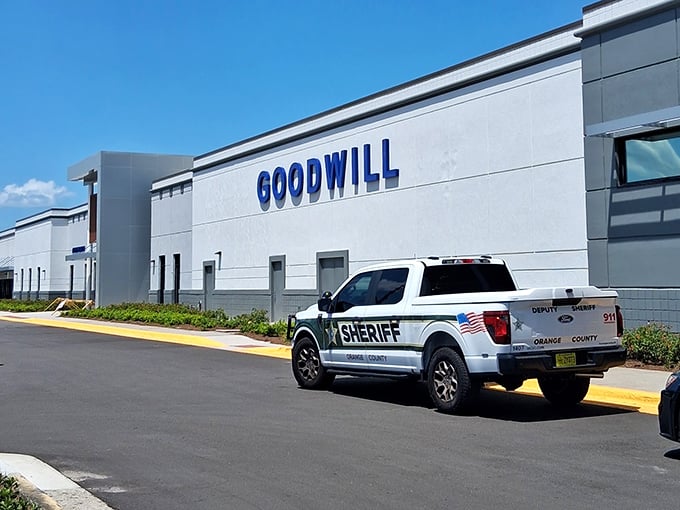 Even the sheriff stops by this Goodwill—perhaps dropping off donations, or maybe hunting for that perfect off-duty bargain like the rest of us.