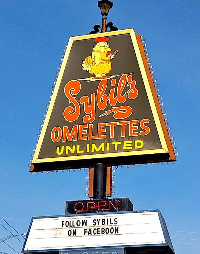 The iconic Sybil's sign featuring their chicken mascot has guided hungry breakfast seekers to this Salem treasure for generations.