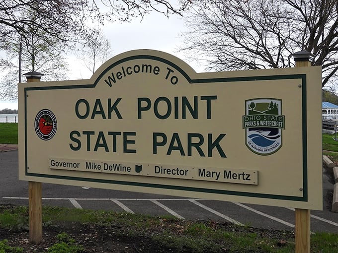 The official welcome sign—your passport to Ohio's smallest state park with the biggest views and most peaceful atmosphere.