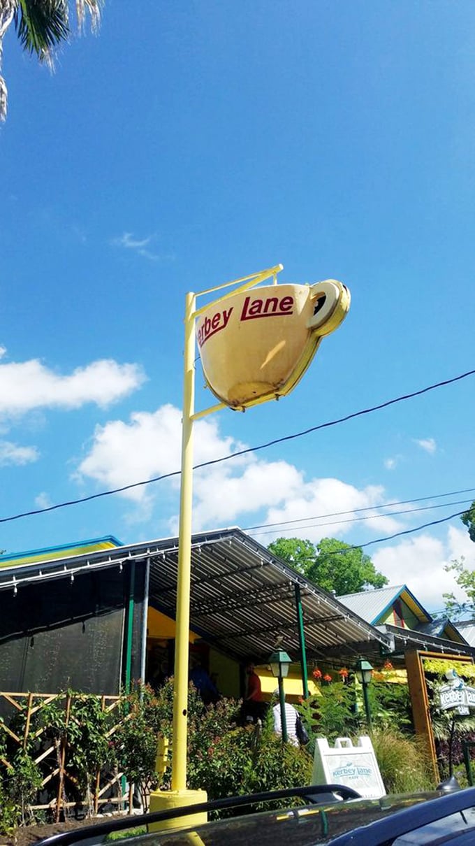 A coffee cup in the sky – the universal symbol for "slow down, come inside, happiness served all day."