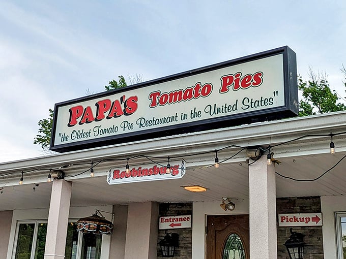 The sign that launched a thousand road trips. Pizza pilgrims from across the country make the journey to Robbinsville to pay homage to this tomato pie temple.