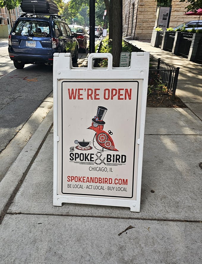 Their sidewalk sign doesn't just say "We're Open"—it announces "We're here, we're local, and we've got a bird wearing a top hat" with unmistakable Chicago pride.