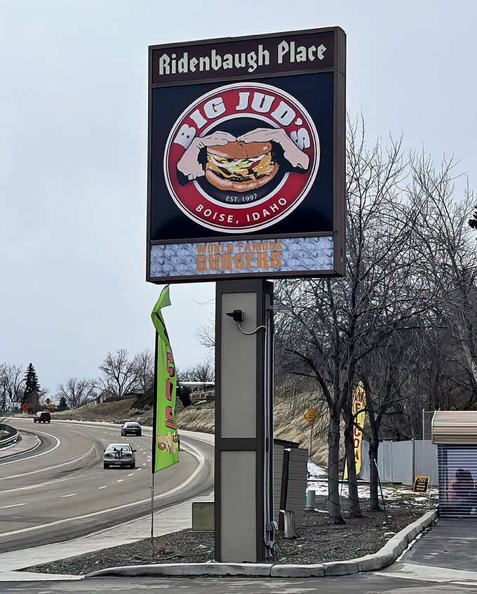 The roadside sign stands tall and proud, a beacon of hope for travelers whose hunger has reached emergency status.