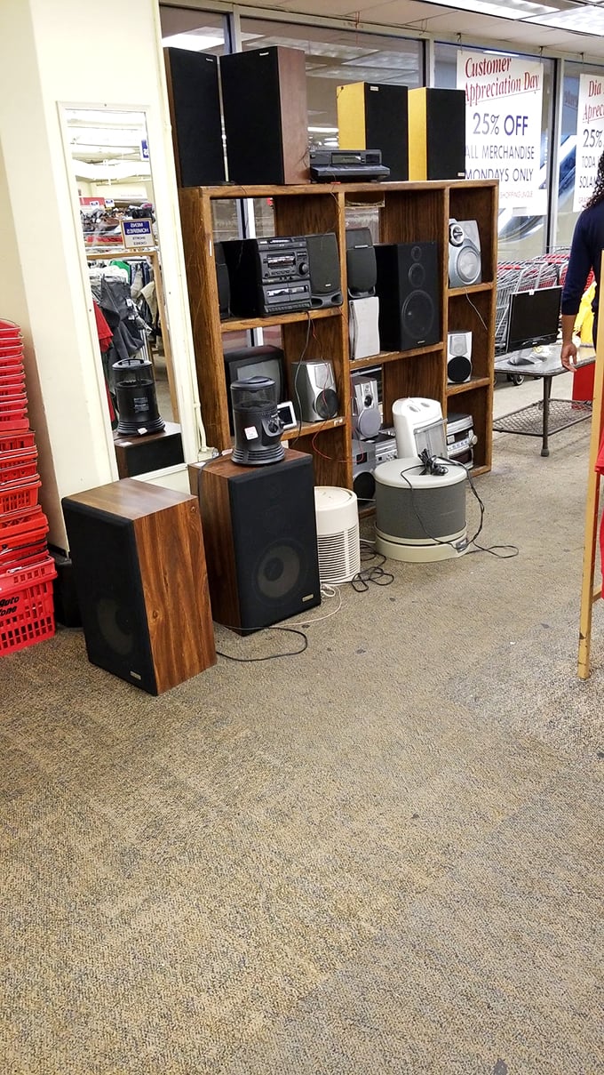 The electronics corner—where vintage speakers and sound systems await audio enthusiasts who know that sometimes older technology delivers warmer sound.