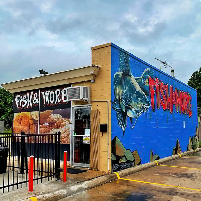 The striking blue mural and bold signage announce that this isn't just another fast food spot—it's a seafood destination worth the journey.