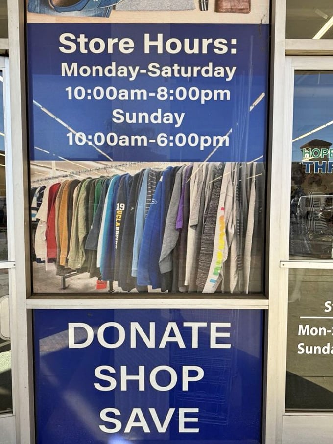 Donate, Shop, Save—the thrifter's mantra displayed proudly alongside generous hours for maximum treasure-hunting opportunities.