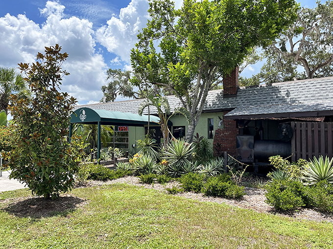 Surrounded by native Florida landscaping, the restaurant blends into its natural setting like a gator in the swamp—until you spot it.