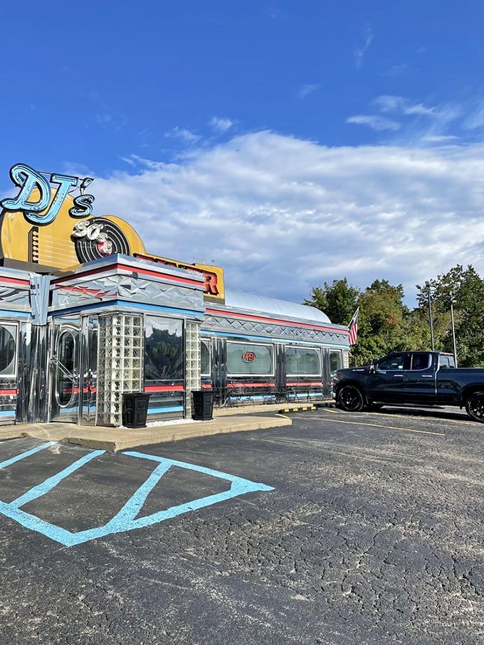 The diner's distinctive profile against a West Virginia sky – a chrome-clad time machine waiting to transport hungry travelers back to the golden age of American road food.