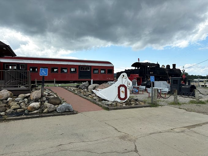 Storm clouds gather but can't dampen the charm of this scarlet dining car. The wheelchair-accessible entrance ensures everyone can enjoy the journey.