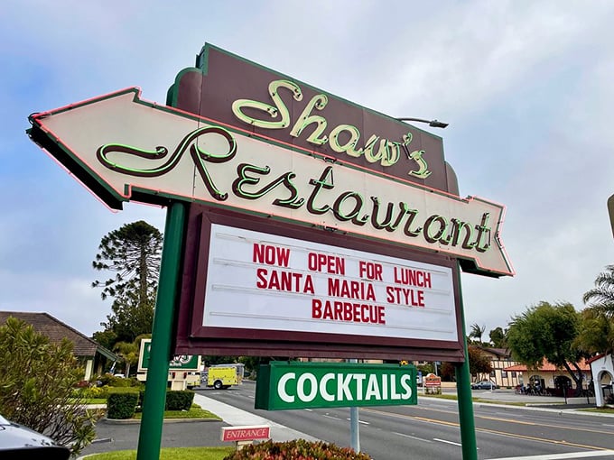 The vintage street sign announces Santa Maria-style barbecue like it's breaking news – which, for your taste buds, it absolutely is.