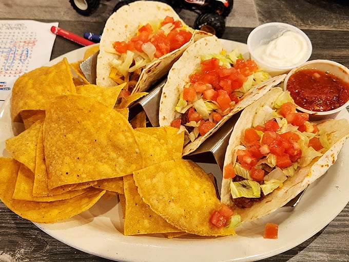 These tacos aren't messing around – packed with fresh ingredients and served with chips that are clearly not afraid of commitment.