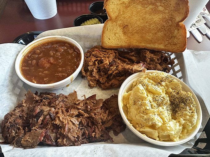 The two-meat platter – where potato salad and baked beans aren't sides, they're supporting actors in a meat-centered blockbuster. 