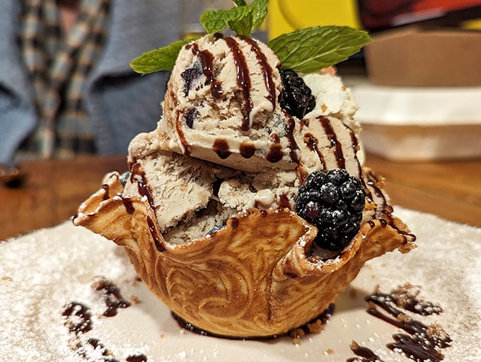 Ice cream in a homemade waffle bowl—because at The Range, even dessert refuses to be ordinary. That mint leaf is the green flag signaling "Go!"