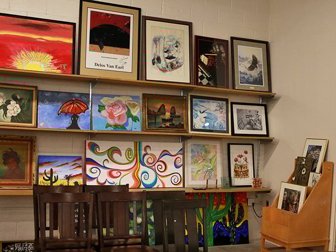 The art wall creates a gallery experience without the stuffy atmosphere or champagne prices—just pure visual joy waiting to be discovered.