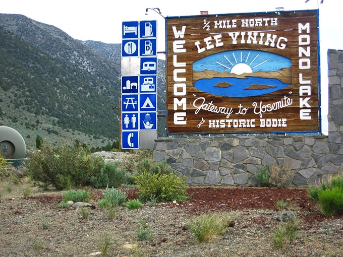 This welcome sign says it all – Lee Vining sits at the crossroads of natural wonder and small-town hospitality.