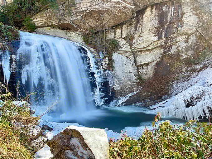 Winter transforms Looking Glass Falls into a partially frozen sculpture garden, where ice formations cling to rocks while water continues its eternal journey.