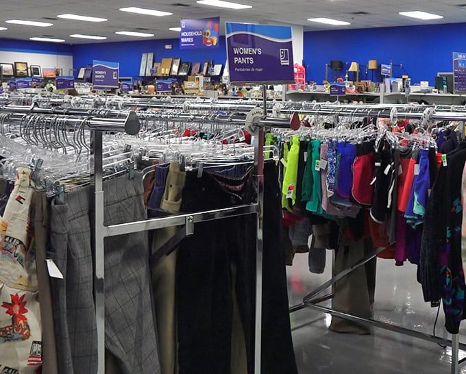 Women's pants, organized by size – because even treasure hunting benefits from a little navigation help.