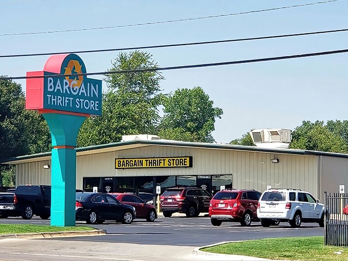 That bright turquoise sign beckons like a beacon of bargain hope in Oklahoma City's thrift landscape.