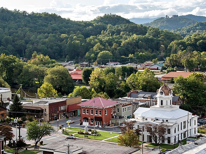 Bryson City from above – where mountains cradle a storybook downtown that looks like it was arranged by a perfectionist with excellent taste.