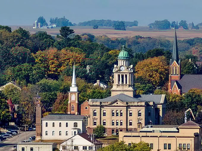 Look at those church spires reaching skyward! Decorah's historic downtown nestles perfectly in Iowa's stunning driftless valleys.