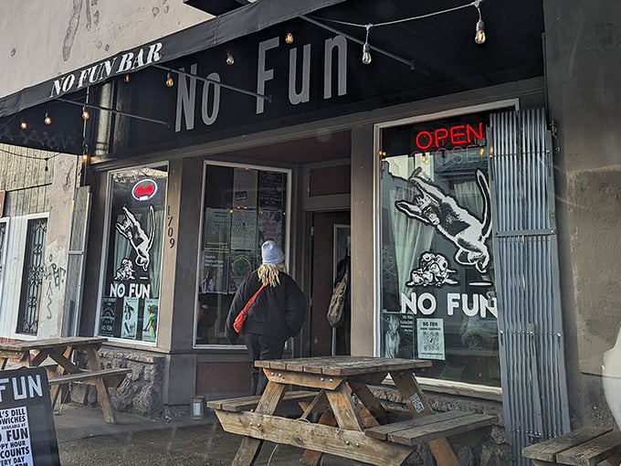 That "No Fun Bar" sign is having way too much fun with reverse psychology – and it's working!