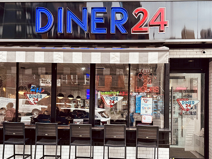 That blue neon glow isn't just decoration – it's a breakfast beacon calling hungry souls home.