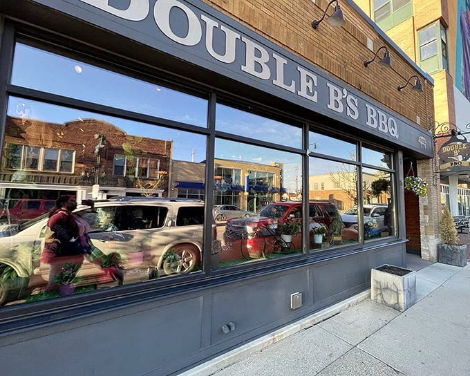 Double B's storefront beckons with urban charm – a brick facade hiding smoky treasures waiting to be discovered inside.