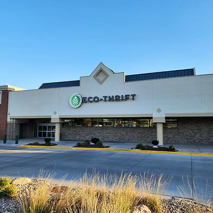 The clean, modern exterior of Eco-Thrift beckons with its green logo—a treasure cave disguised as a strip mall storefront.