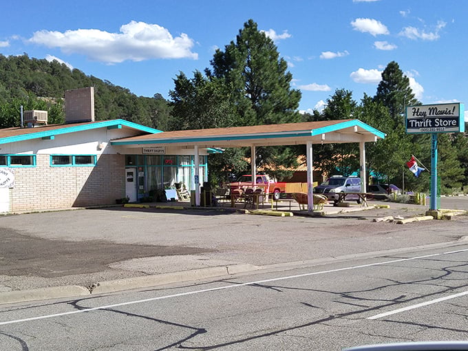 This former gas station with turquoise trim isn't pumping fuel anymore—it's dispensing secondhand treasures that'll fill your home without emptying your wallet.