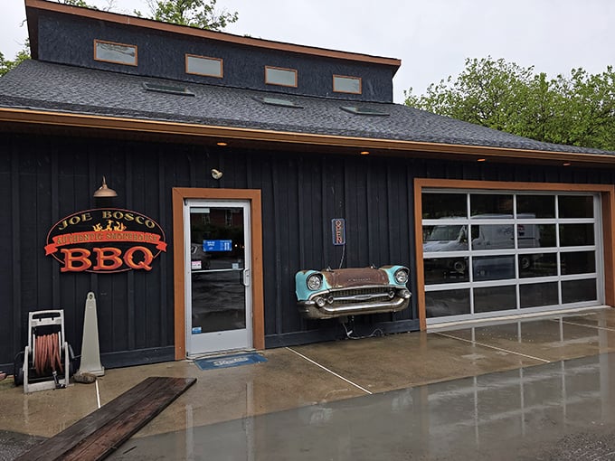 Joe Bosco's black cabin with that vintage car front isn't just eye-catching—it's a promise of smoky treasures waiting inside.