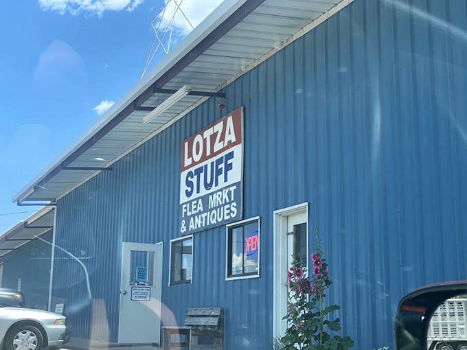 The blue exterior of Lotza Stuff Flea Market promises exactly what the name suggests—a treasure trove where bargain hunters can strike gold.