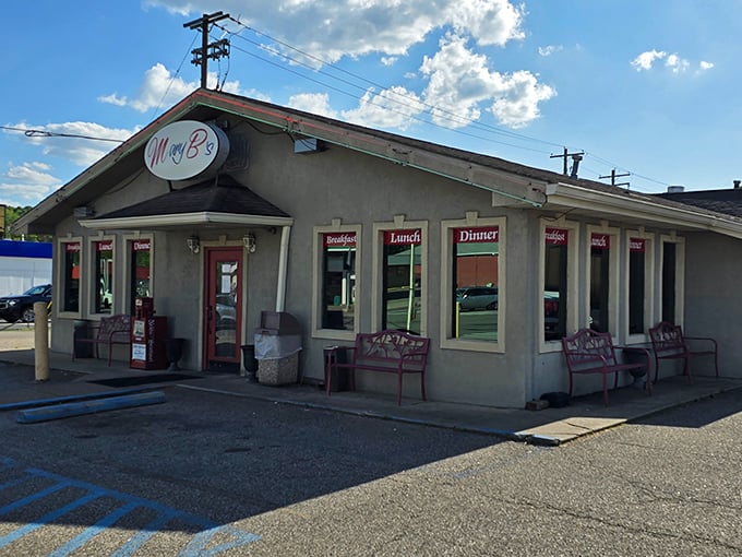 Mary B's exterior welcomes you like an old friend. That red bench has heard more small-town stories than a barber's chair.