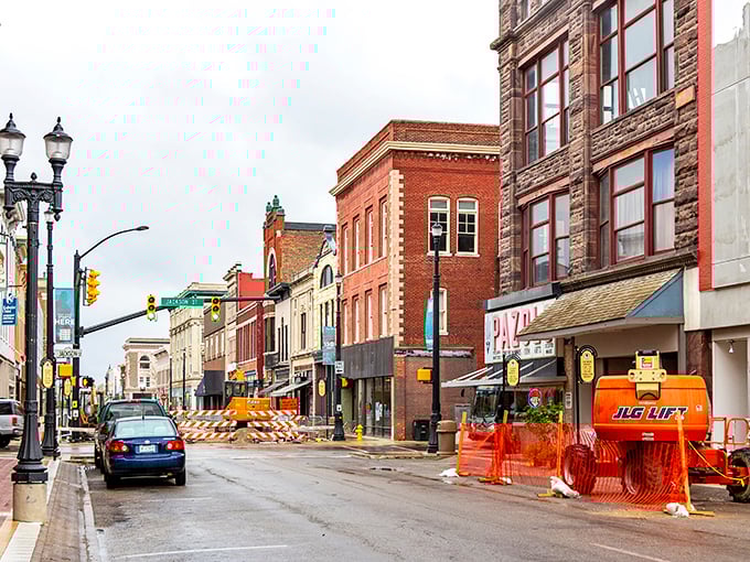 Downtown Muncie shows its working-class heart with brick buildings that have weathered decades of Indiana seasons beautifully.