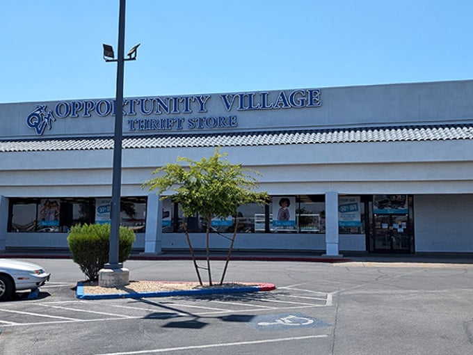 Opportunity Village's blue sign beckons like a treasure map – where bargain hunters strike gold and wallets breathe sighs of relief.