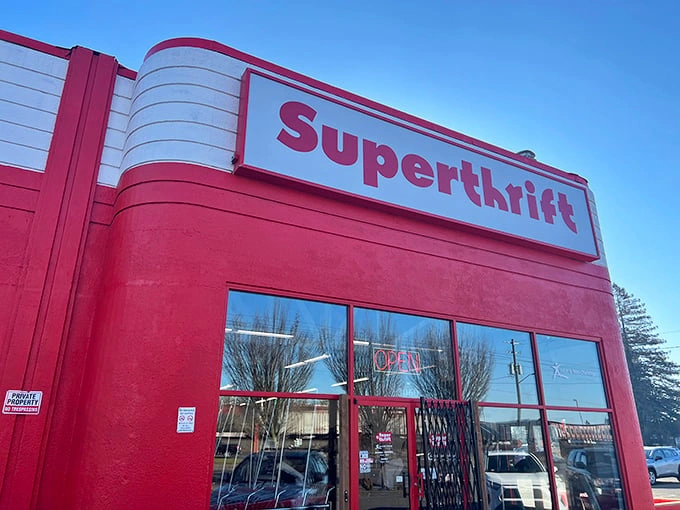 The iconic red SuperThrift building in Salem stands like a beacon of bargain hope. Treasure hunters, your mothership has landed!
