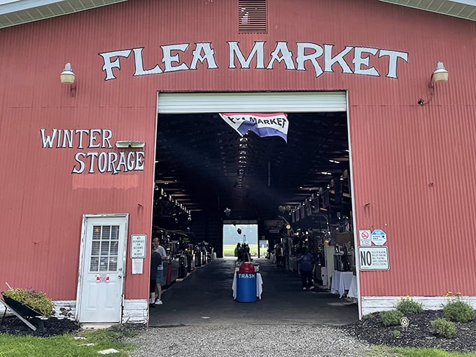 The big red barn of Tecumseh Trade Center beckons with promises of treasures inside. Step through those doors and enter bargain paradise!