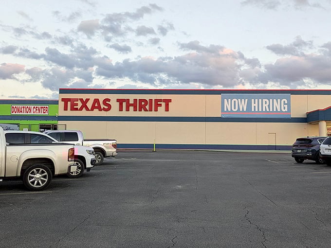 The Texas Thrift sign beckons like a siren call to bargain hunters. This isn't just shopping—it's a treasure expedition with air conditioning!