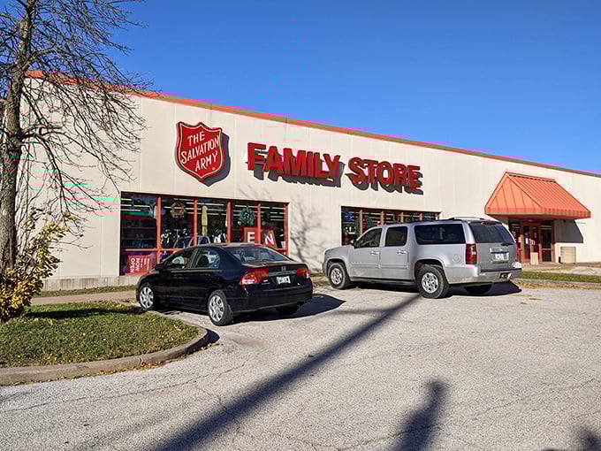 The Salvation Army Family Store stands proud against a blue Iowa sky, promising treasures inside that are just waiting to be discovered.