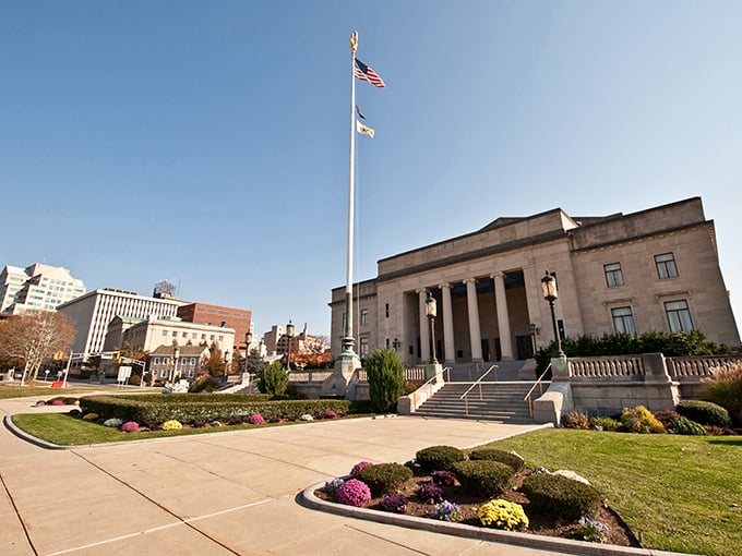 Under a brilliant blue sky, Trenton’s stately government building stands tall—a proud symbol of New Jersey’s historic capital.
