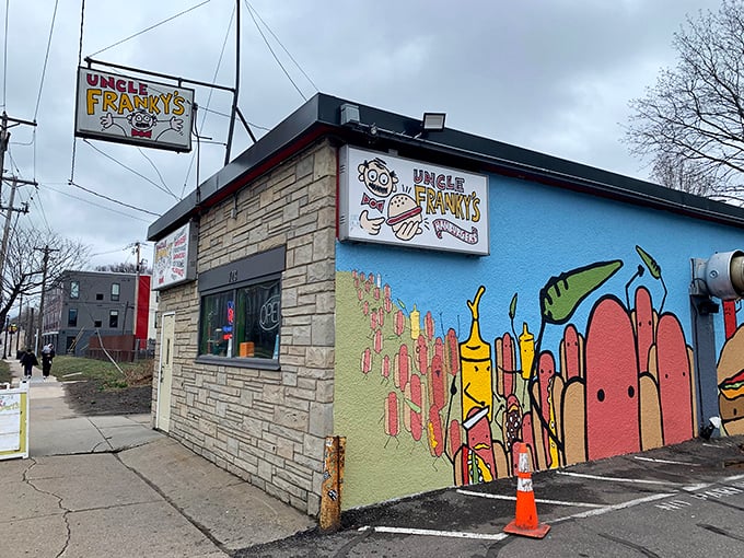 Uncle Franky's colorful exterior is like a cartoon come to life – a tiny hot dog kingdom where flavor rules and calories don't count.