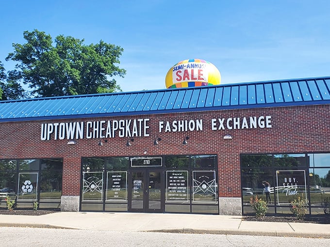 That cheerful "Semi-Annual Sale" sign promises treasures inside this modern brick building in Reynoldsburg.