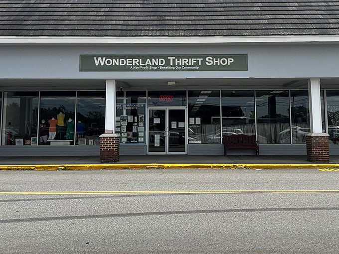 That classic storefront charm says "come on in" – Wonderland Thrift's glass windows reveal treasures waiting inside.