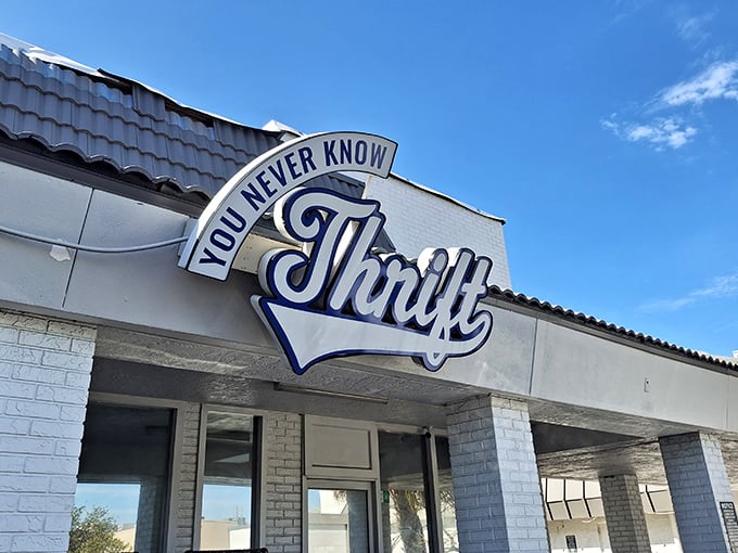 "You Never Know Thrift" lives up to its name—this blue and white facade hides treasures that would make Marie Kondo both delighted and overwhelmed.