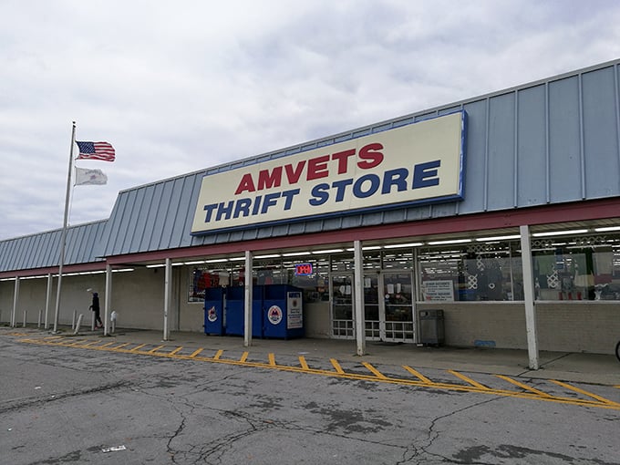The AMVETS sign beckons like a beacon for bargain hunters seeking their next great secondhand discovery adventure.